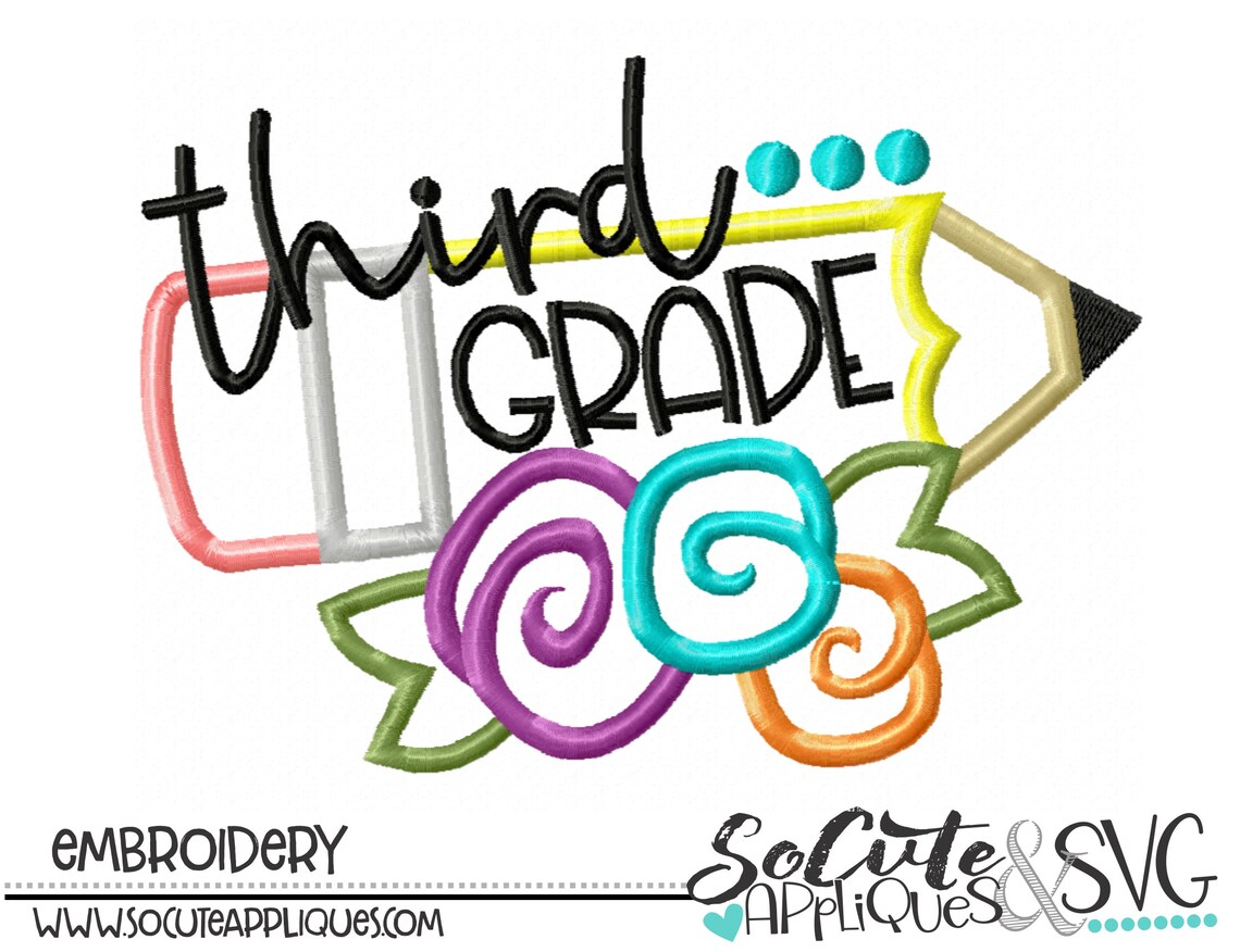 Back to school third grade pencil with flowers Embroidery | Etsy