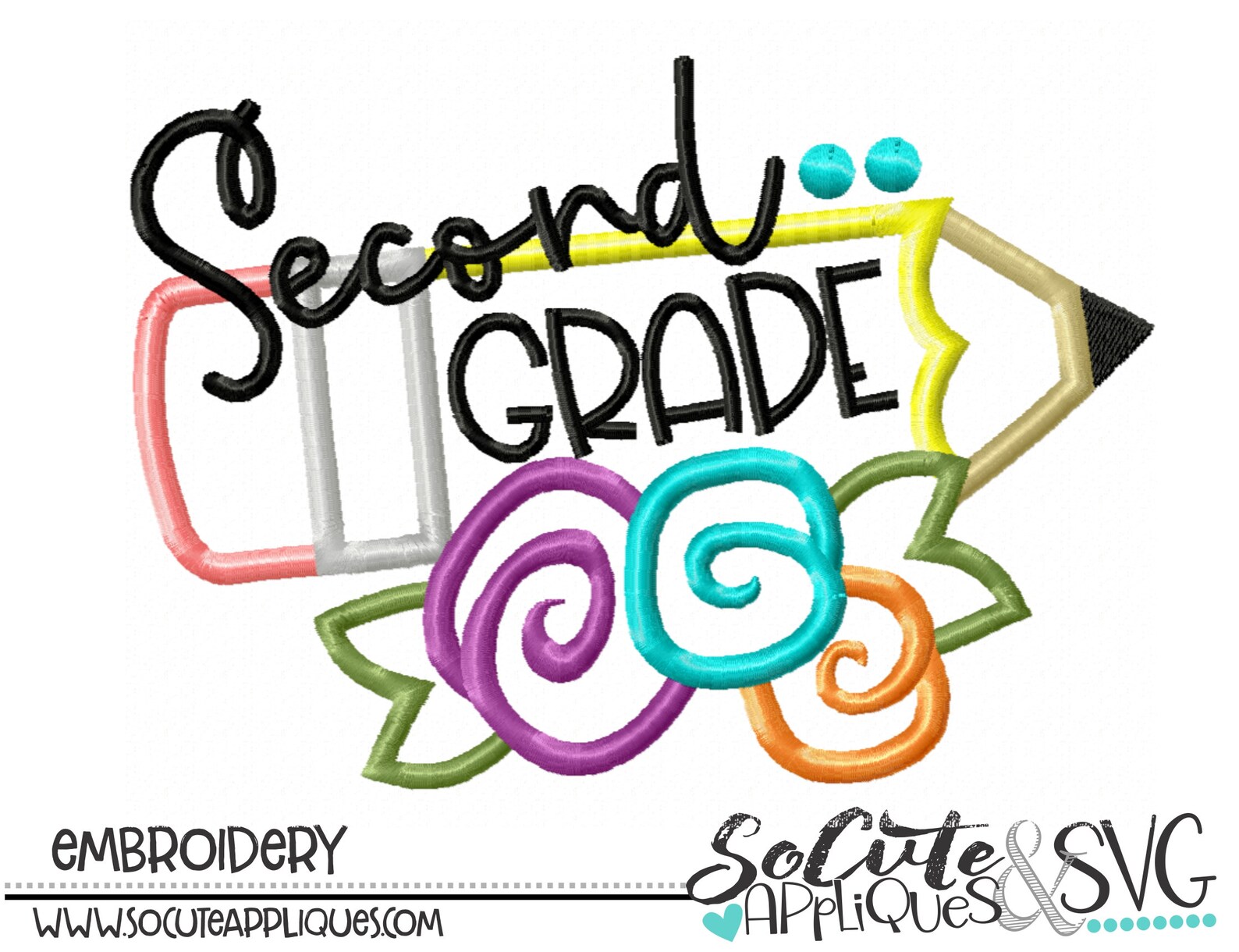 Back to School, Second Grade Pencil With Flowers Embroidery Design, 2nd ...