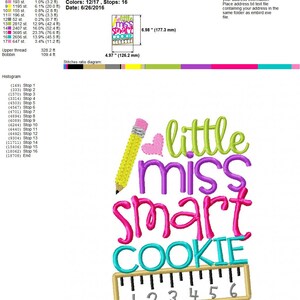 Embroidery Design 5x7 6x10 Little Miss Smart Cookie, Back to School ...