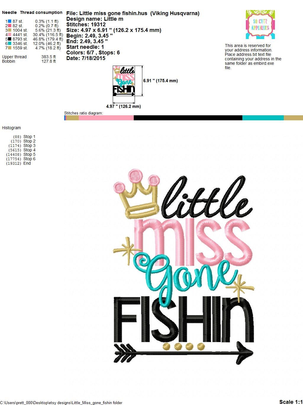 Little Miss Gone Fishin Embroidery Design 5x7 New Baby Girl | Etsy