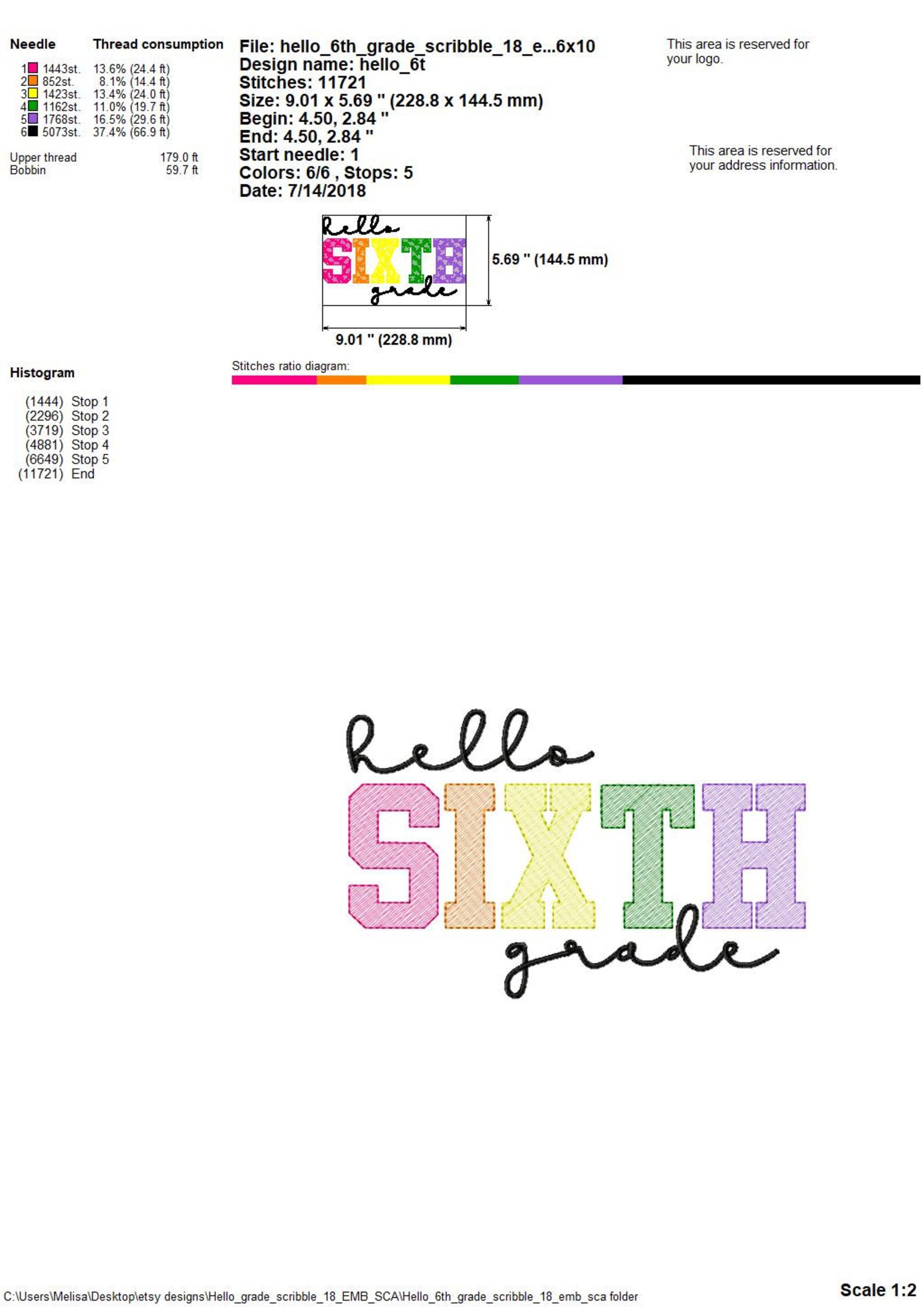 Back to School Embroidery Design Hello Sixth Grade School | Etsy