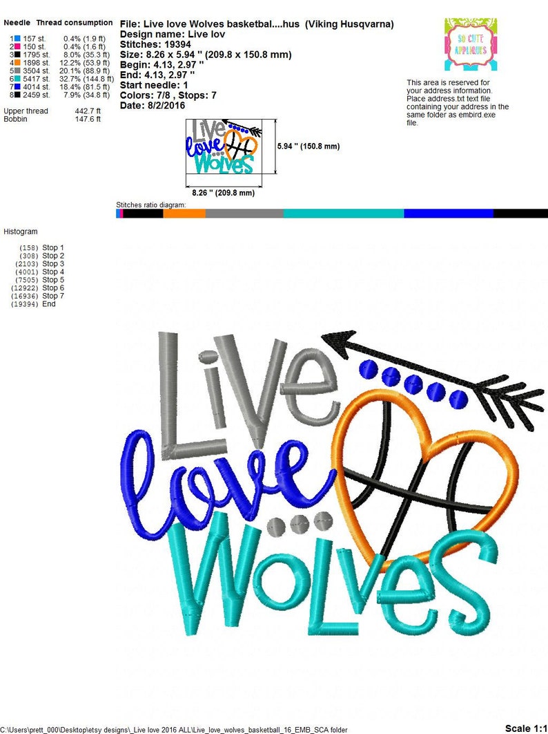 Embroidery Design 5x7 6x10 Live Love Wolves Basketball | Etsy