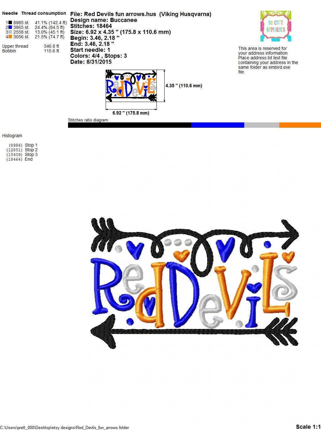Embroidery Design 5x7 Red Devils Fun Arrows Socuteappliques | Etsy