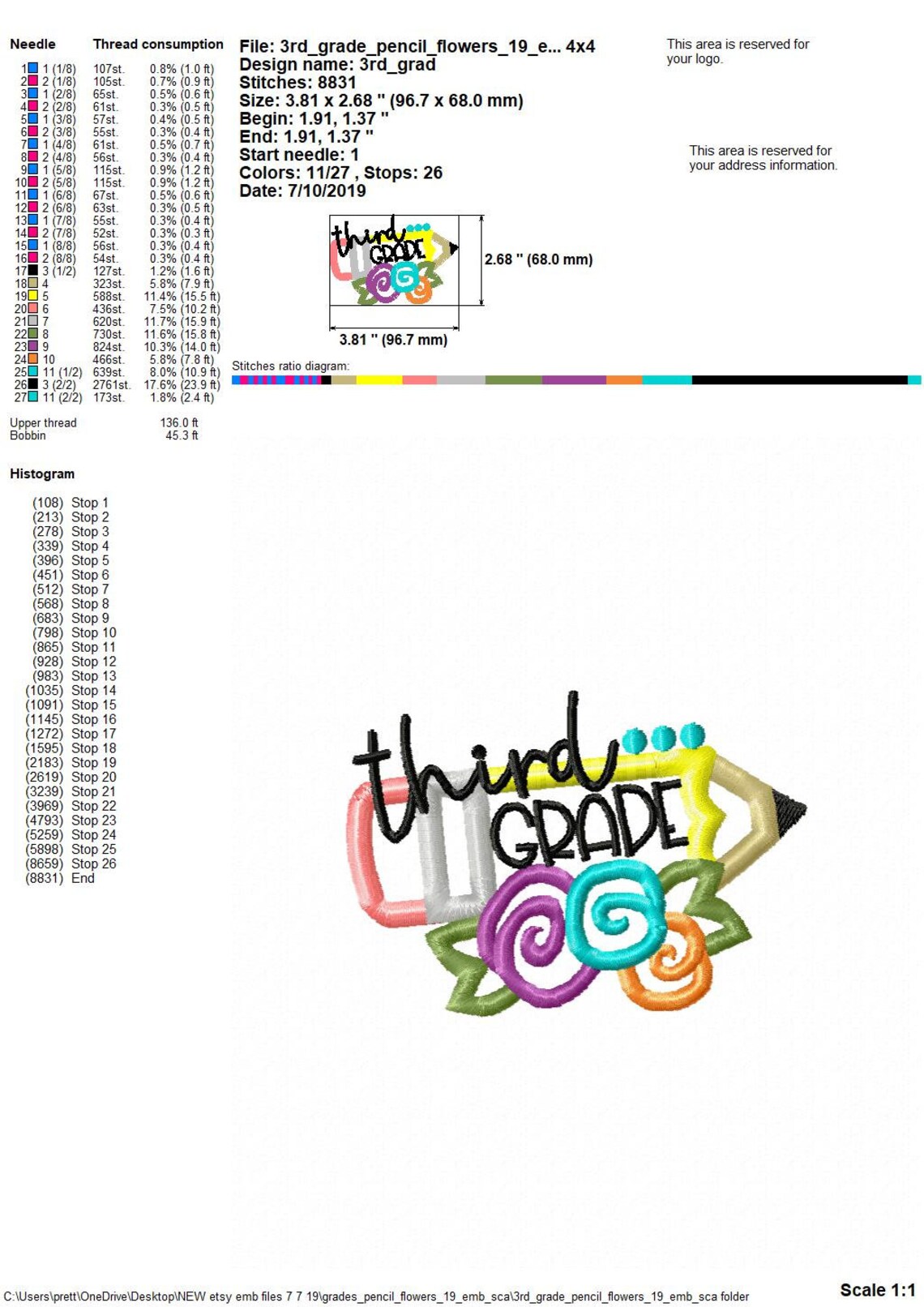 Back to School Third Grade Pencil With Flowers Embroidery - Etsy