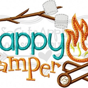Happy Camper Embroidery Design 5x7 6x10, Camping Smores Fire Embroidery ...