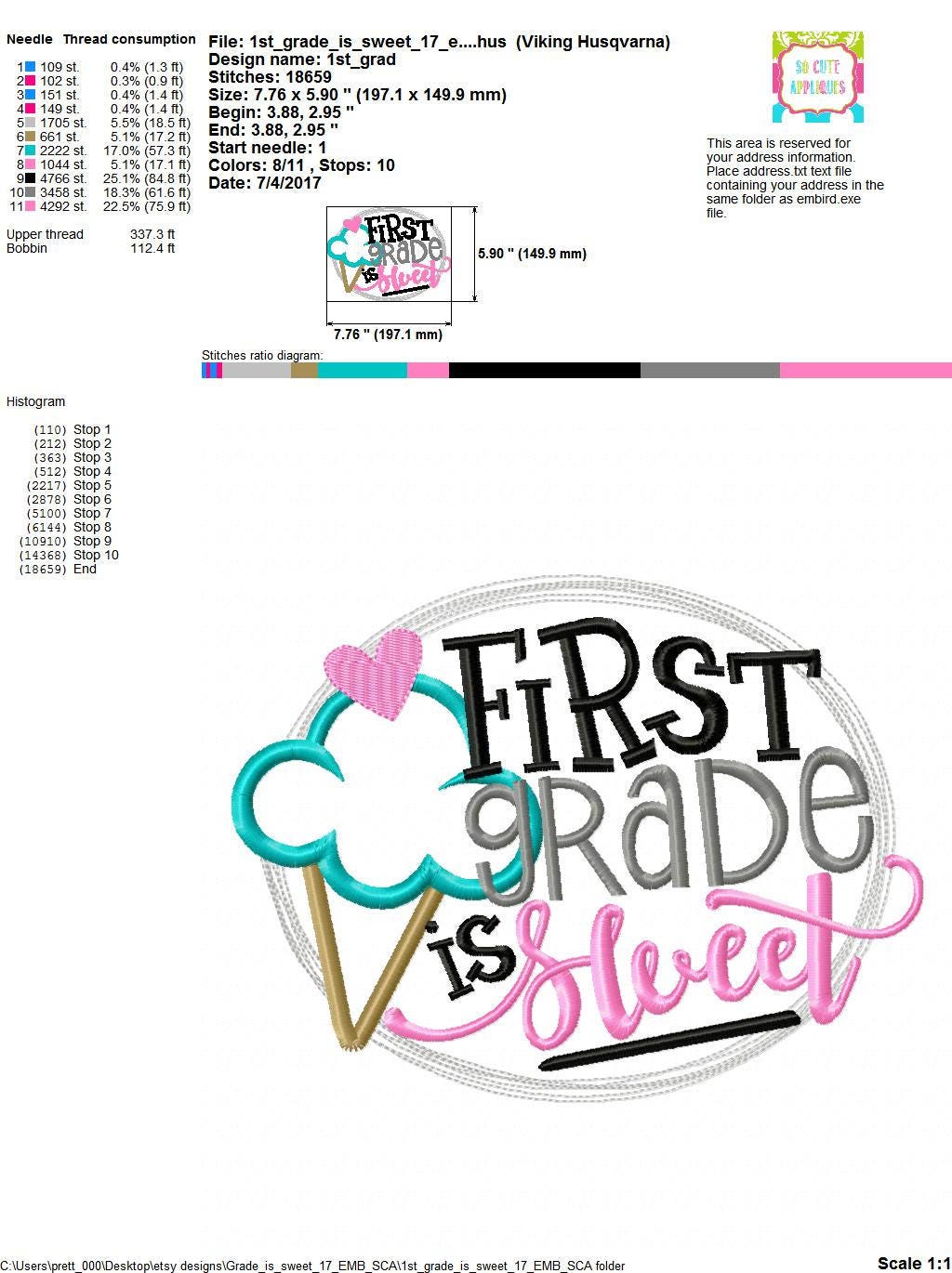 1st Grade is Sweet Back to School Embroidery Design | Etsy