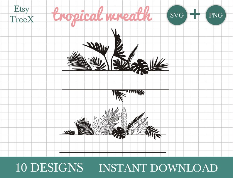 Tropical Wreath SVG Bundle: Hand-drawn Monogram & Flowers (digital ...
