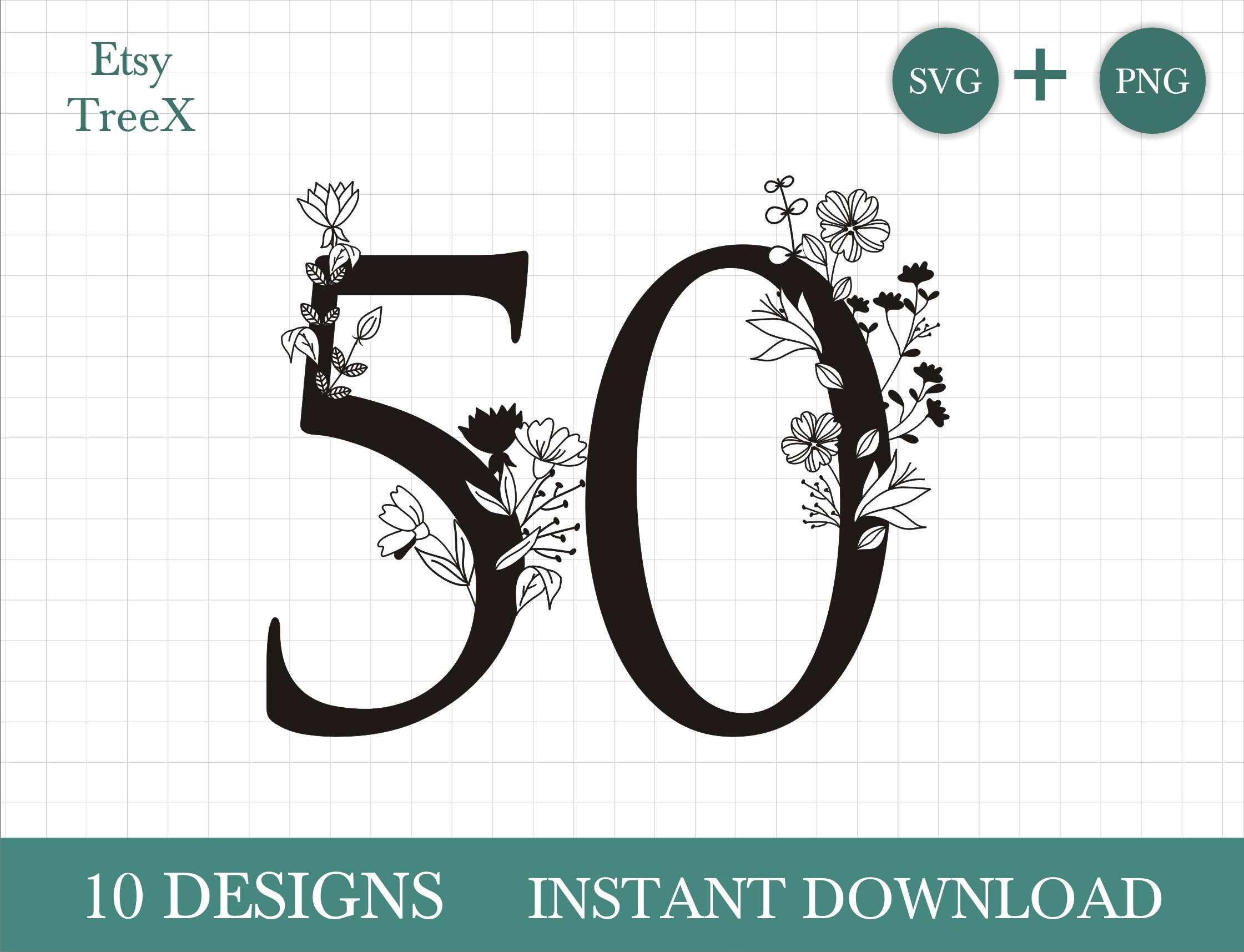 Floral Numbers SVG Bundle: Hand-drawn Numbers, PNG, Cut Files (digital ...
