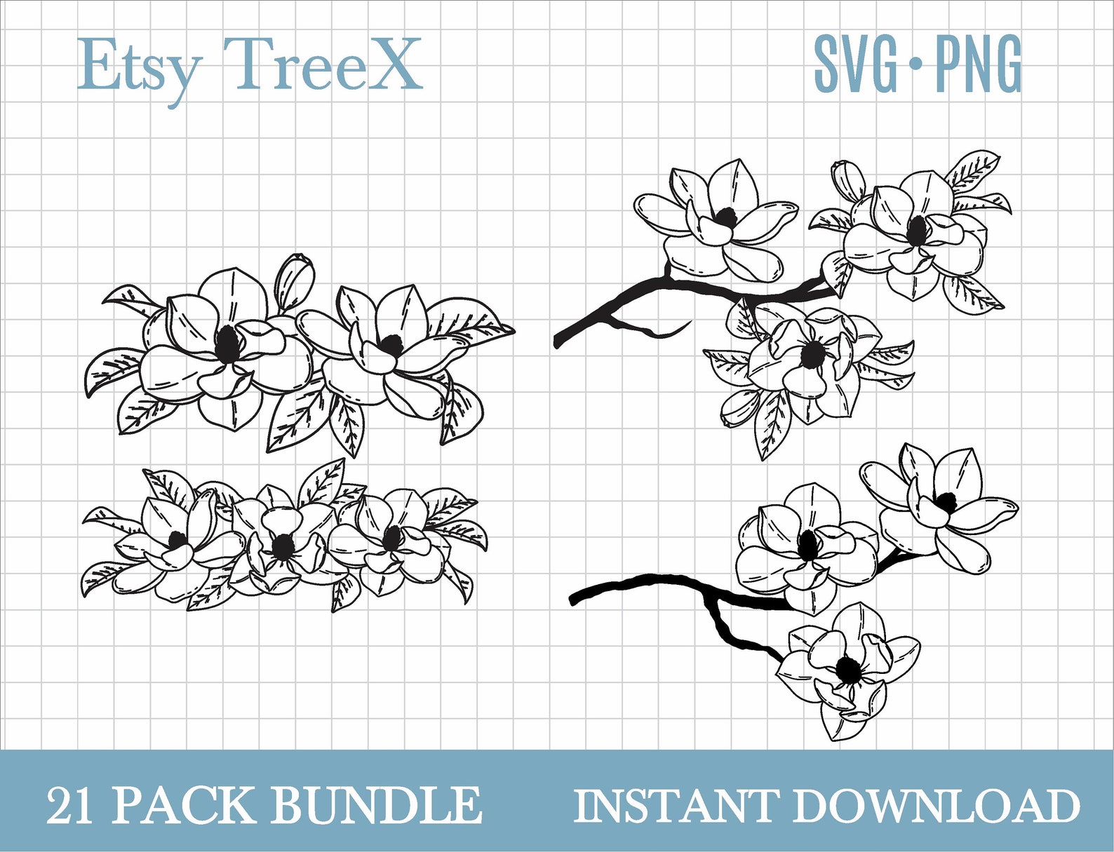 Magnolia SVG Bundle, Magnolia Flower Digital File, Hand Drawn Magnolia ...