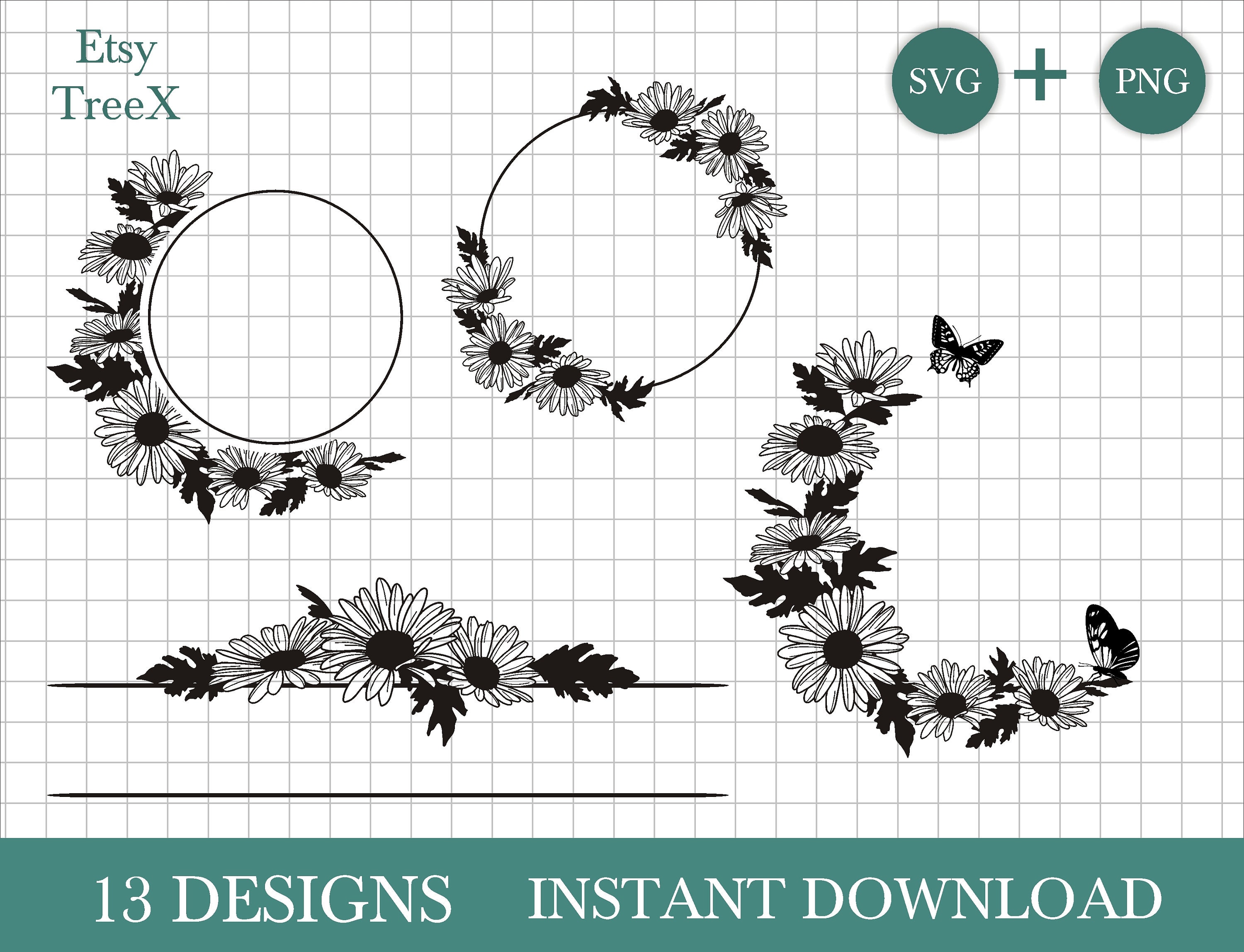 Daisy SVG Bundle Hand Drawn Daisy Flowers Monogram and Wreath - Etsy ...
