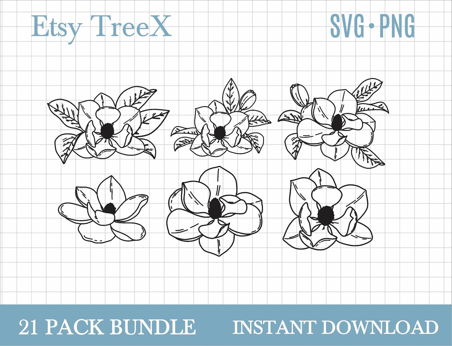 Magnolia SVG Bundle, Magnolia Flower Digital File, Hand Drawn Magnolia ...
