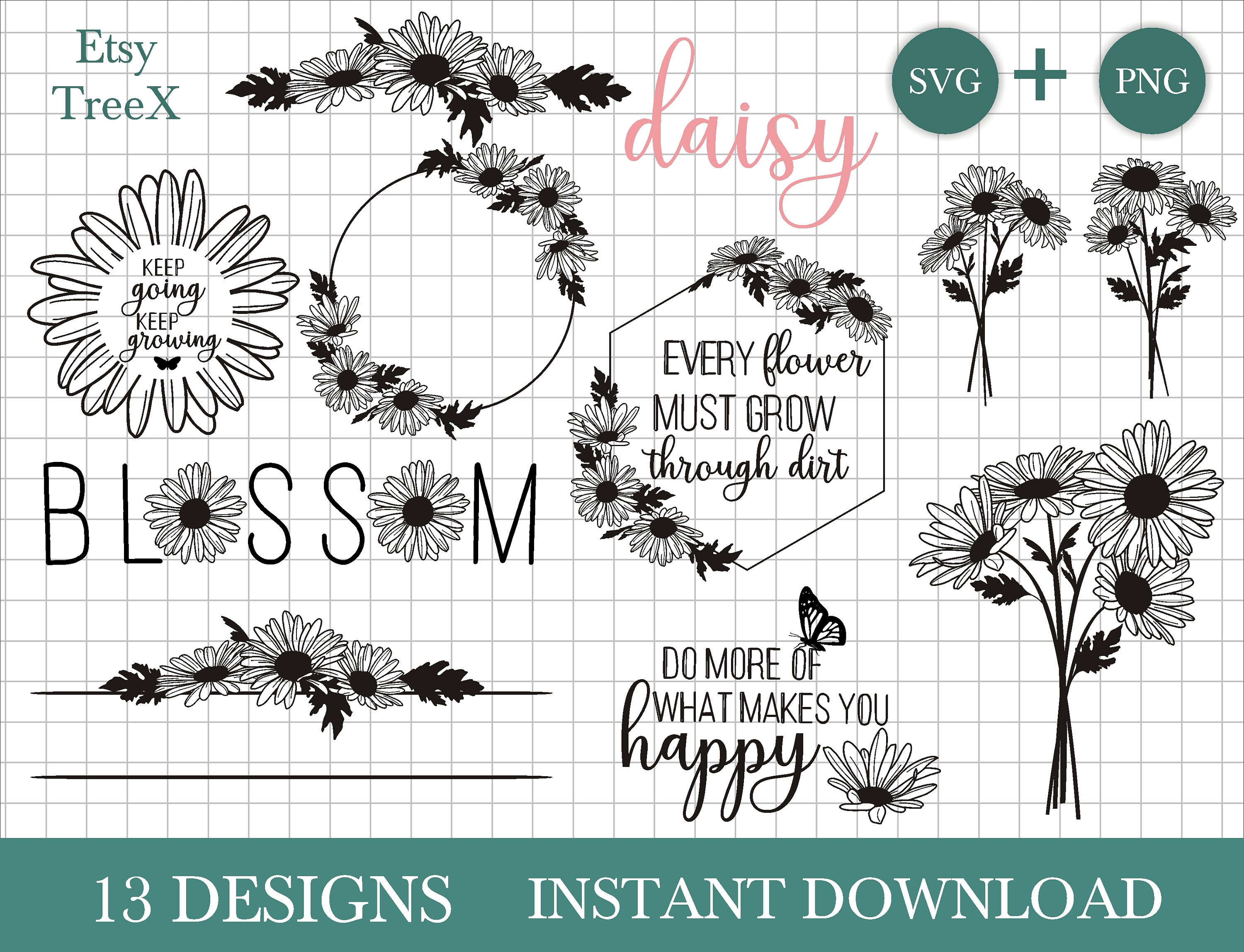 Daisy SVG Bundle Hand Drawn Daisy Flowers Monogram and Wreath - Etsy ...