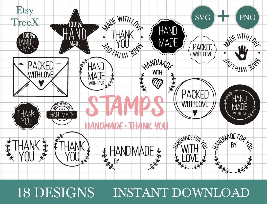 Hand Drawn Thank You Stamps SVG Bundle, Hand Made With Love Stamps Svg ...