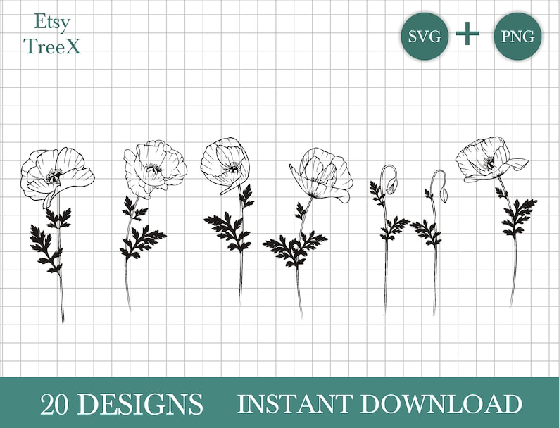 20 Poppy SVG Bundle by Oxee Hand Drawn Poppy Flowers Svg - Etsy