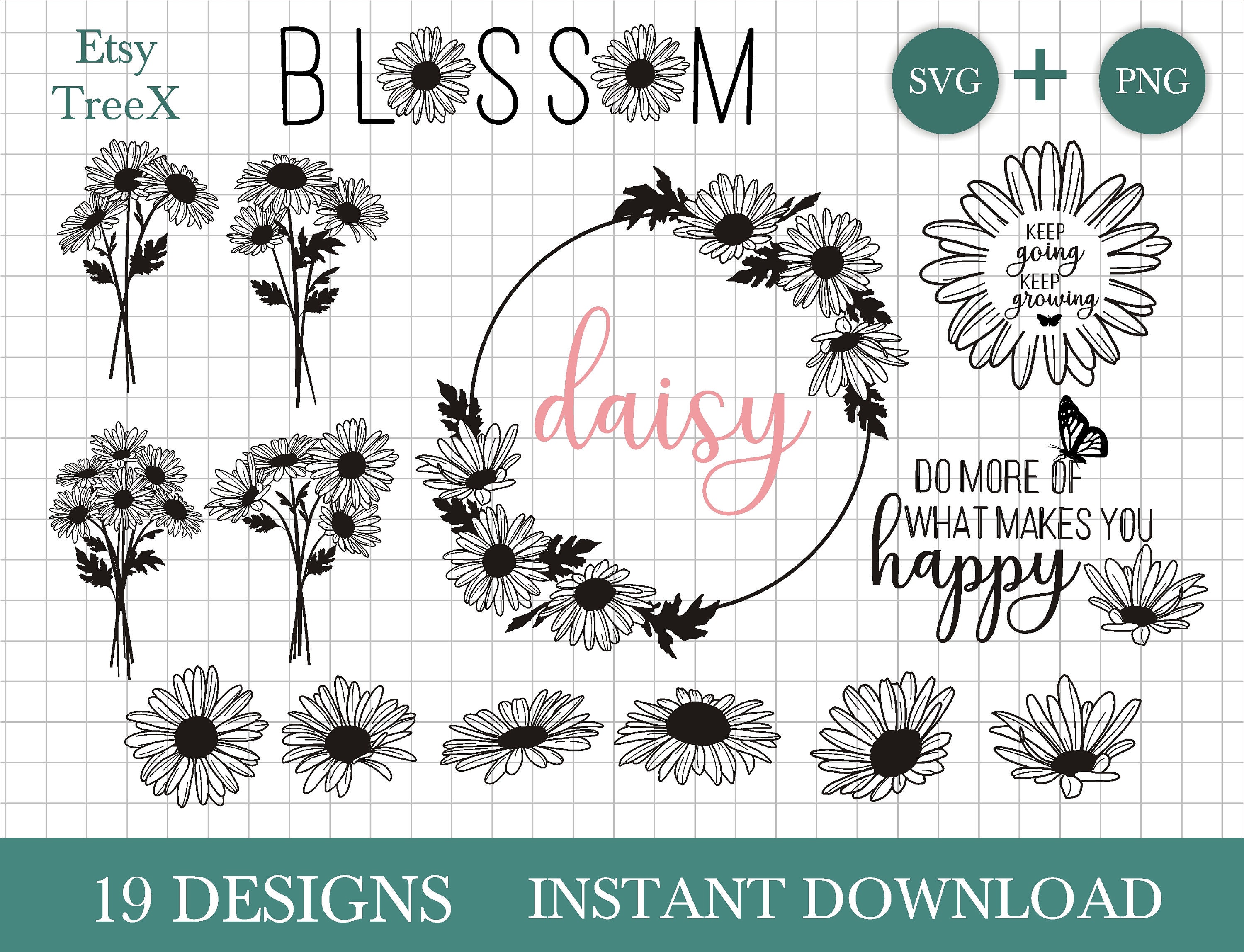 Daisy SVG Bundle Hand Drawn Daisy Flowers Monogram and Wreath - Etsy ...