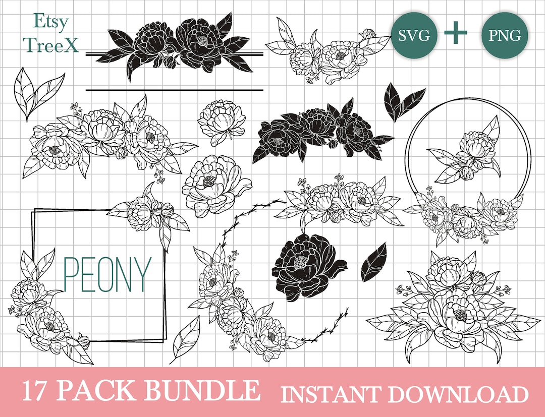 Peony SVG Bundle by Oxee, Hand Drawn Peony Monogram, Peony Wreath Svg ...