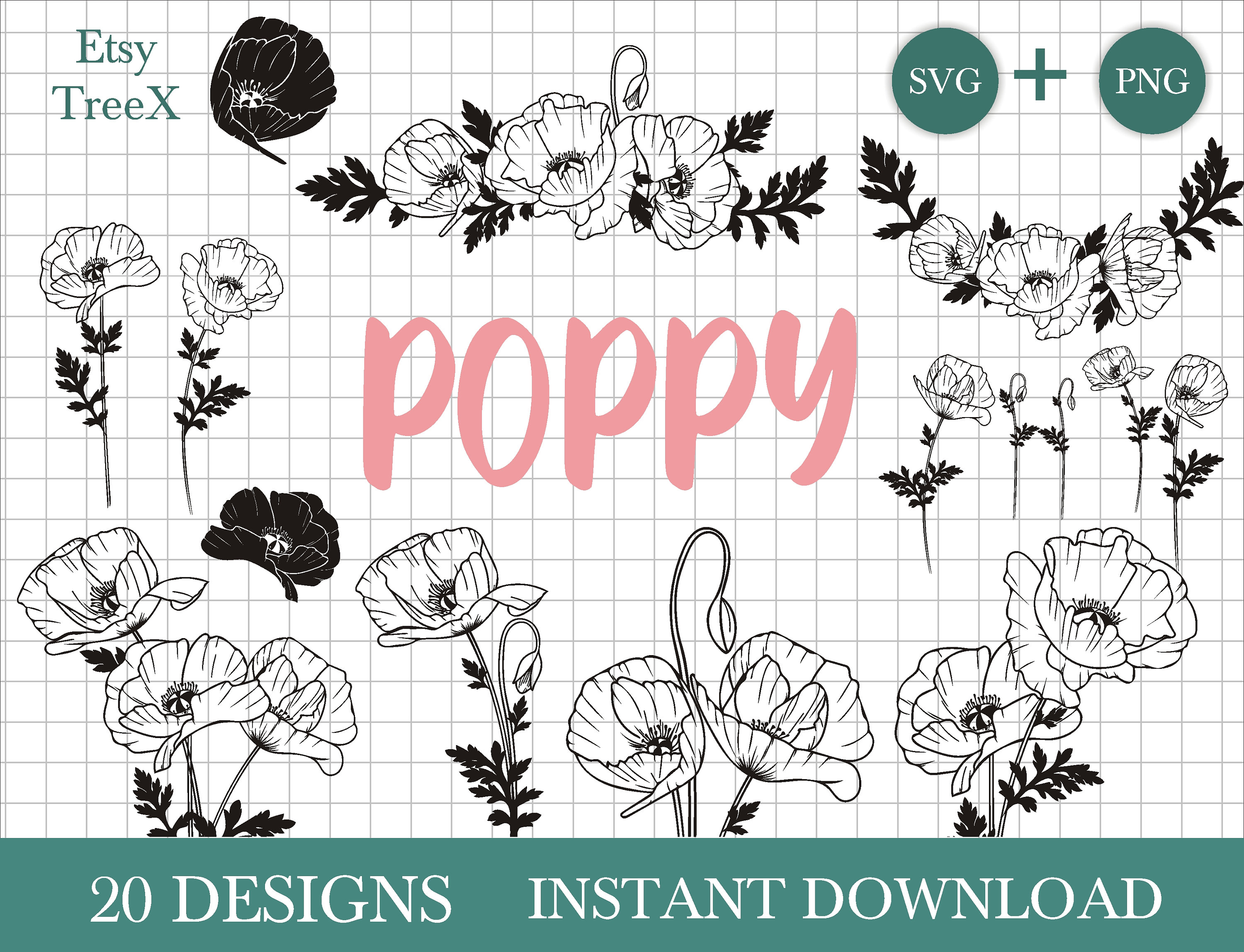 20 Poppy SVG Bundle by Oxee Hand Drawn Poppy Flowers Svg | Etsy Australia