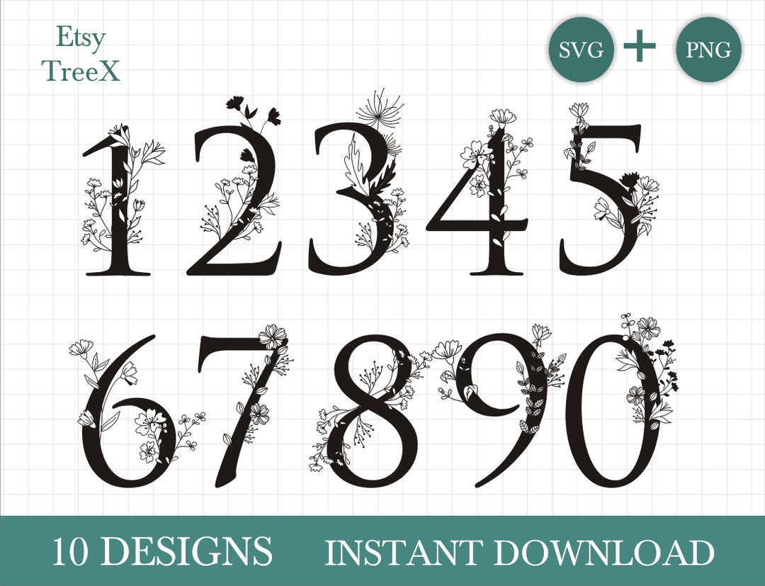 Floral Numbers SVG Bundle: Hand-drawn Numbers, PNG, Cut Files (digital ...