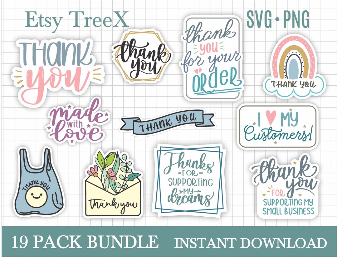 Hand Lettered Thank You Stickers SVG Bundle, Hand Made With Love Stamps ...