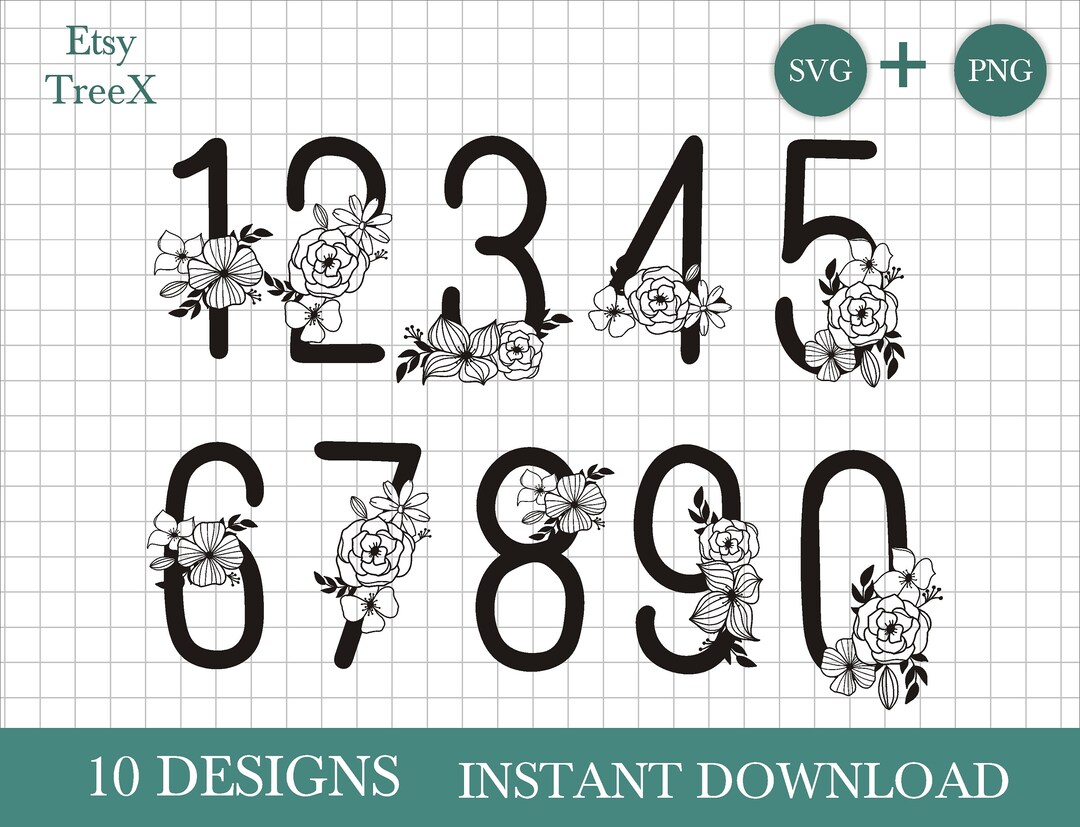 Hand Drawn Floral Numbers Bundle SVG, Number Svg by Oxee, Floral Number ...