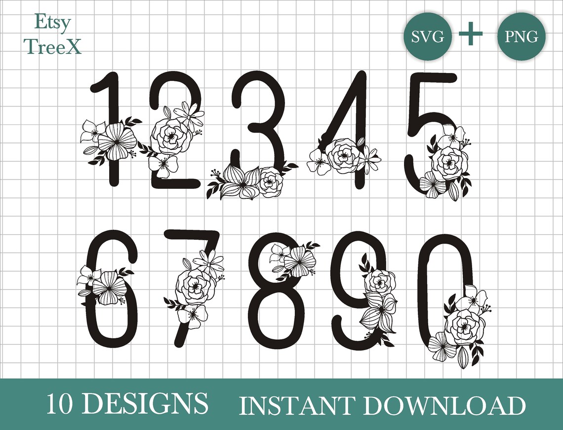 Hand drawn floral numbers bundle SVG number svg by Oxee | Etsy
