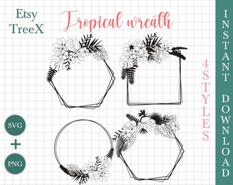Tropical Wreath SVG Bundle, Hand Drawn Tropical Monogram and Flowers ...