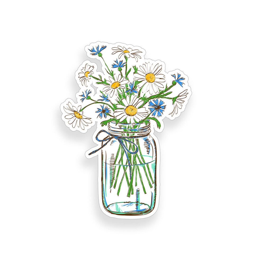 Daisy Flower in Glass Jar Sticker Full Color Golden Vinyl Decal Cup ...