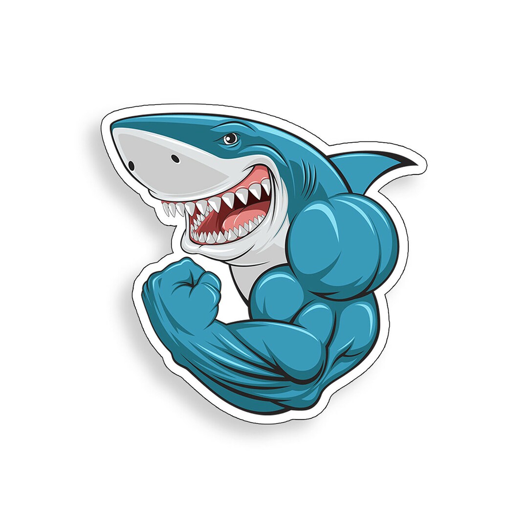 Muscle Shark Dude Sticker Beach Ocean Gym Workout Cup Cooler Laptop Car ...