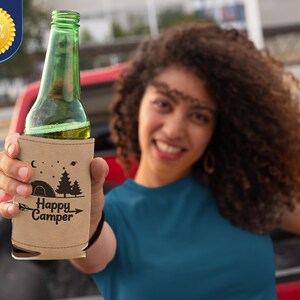 Leatherette Beer Cuzzi Can Sleeve Happy Camper Arrow Moon and Star ...