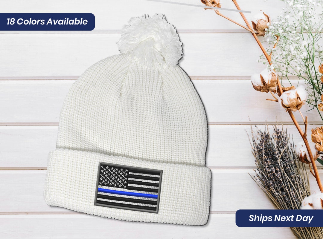 Beanie for Men Pom Pom Beanie Hat American Flag Thin Blue Line ...