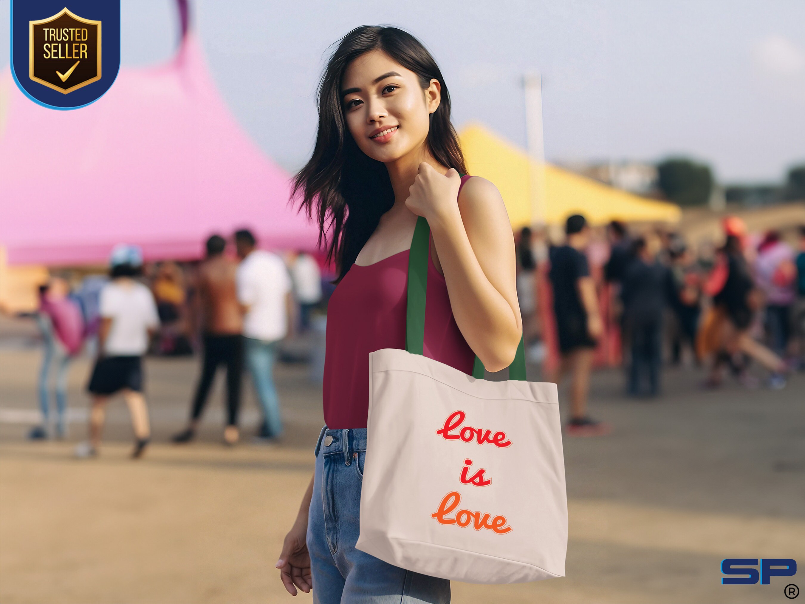 Canvas Tote Reusable Shopping Bag Love is Love Heart Valentines Day ...