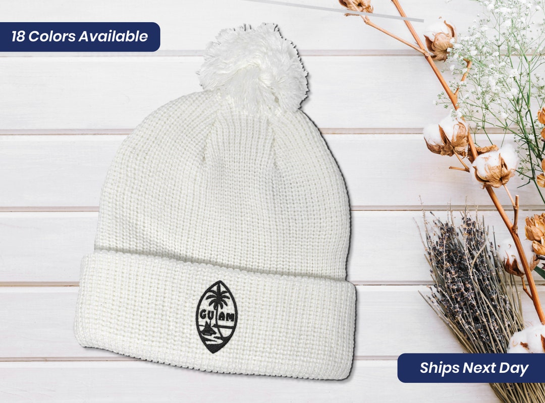 Beanie for Men Pom Pom Beanie Hat Seal of Guam Embroidery Winter Beanie ...