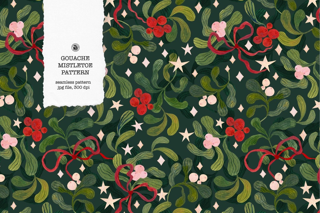 Gouache Hand Painted Mistletoe Pattern, Christmas Pattern, Gouache ...