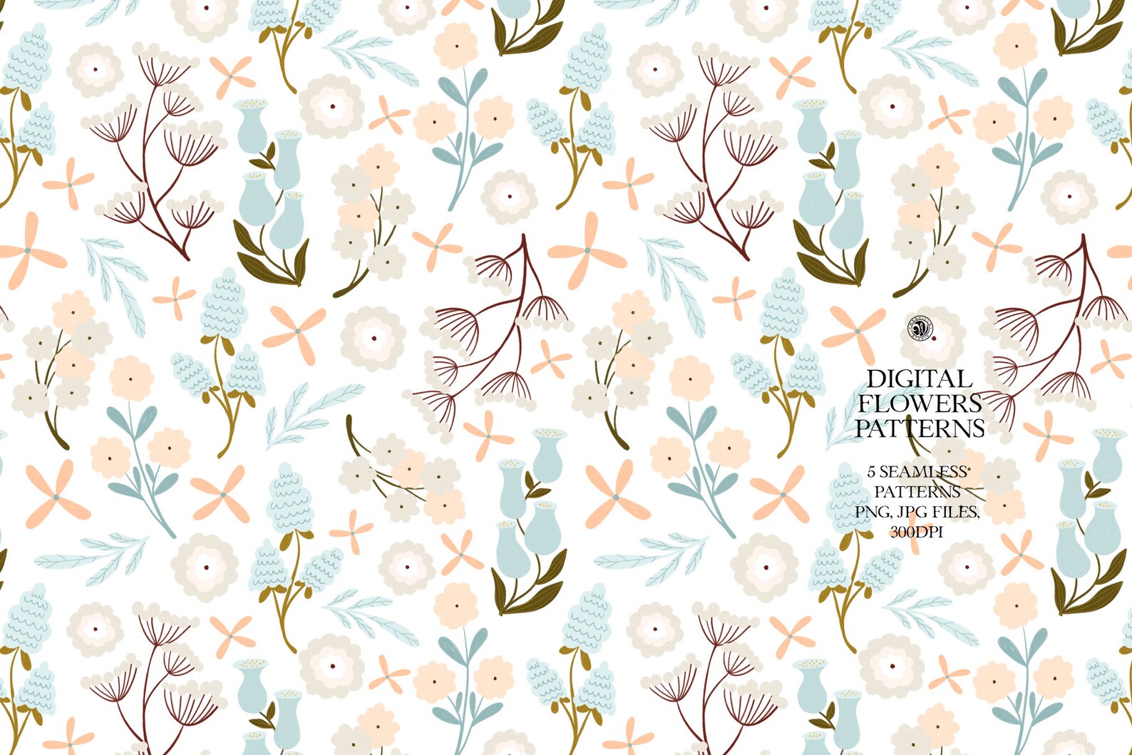 5 Hand Drawn Digital Patterns, Flowers, Floral Background, Wallpaper ...