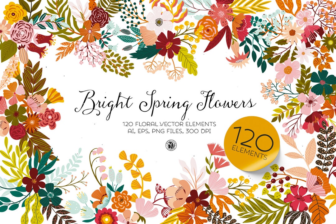 Big Set 120 Floral Clipart Vector Set, Flowers Clipart, Hand Drawn ...