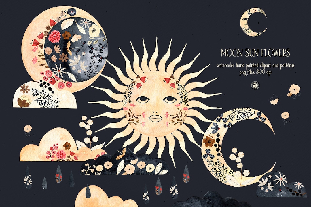 Big 50 Clipart Watercolor Sun Moon Floral Set, 3 Digital Patterns, Moon ...