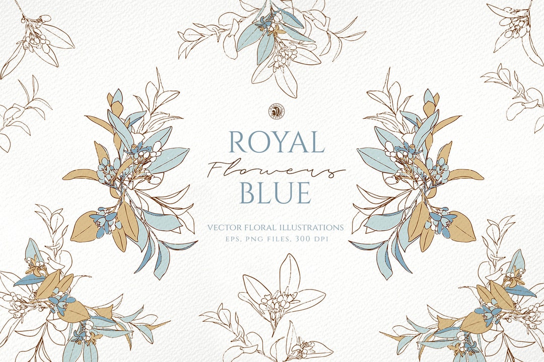 36 Blue Royal Flowers, Hand Draw Clipart, Wedding Romantic Clipart Set ...
