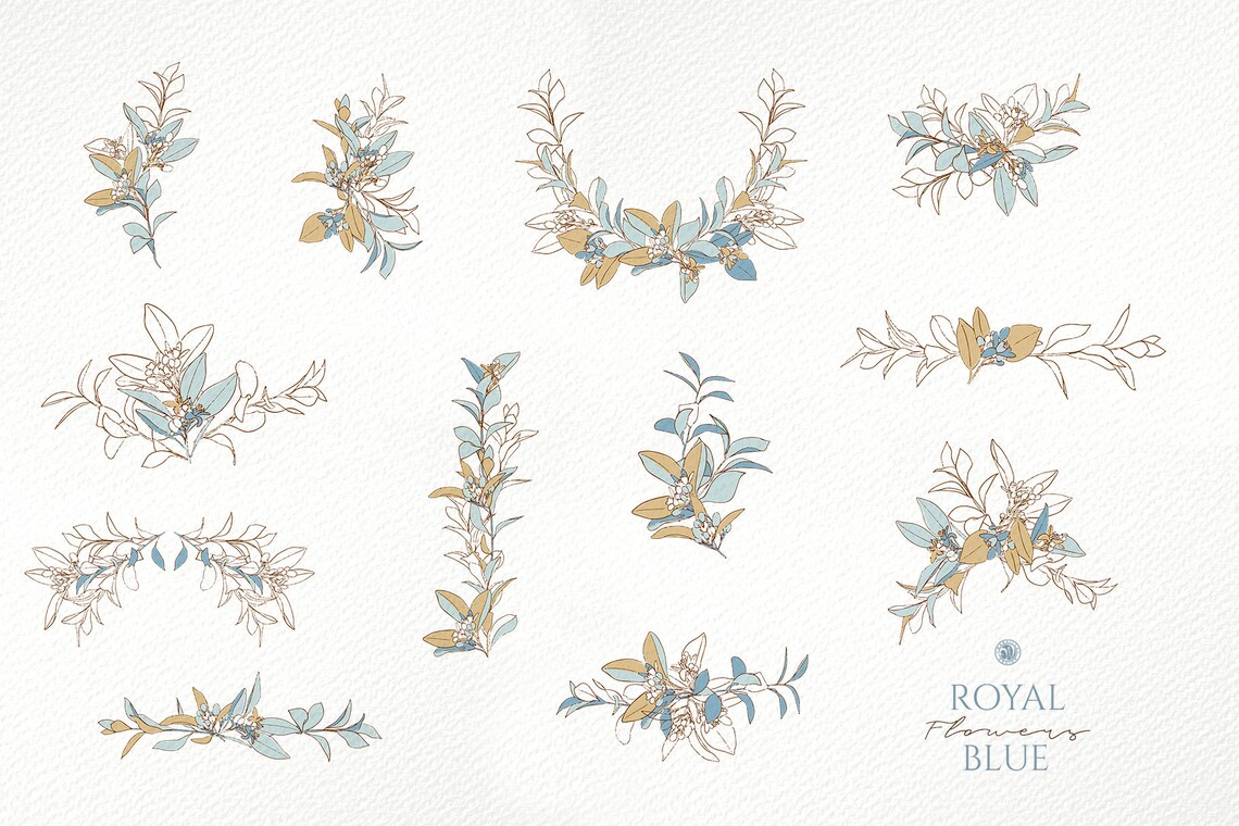 36 Blue Royal Flowers Hand Draw Clipart Wedding Romantic - Etsy