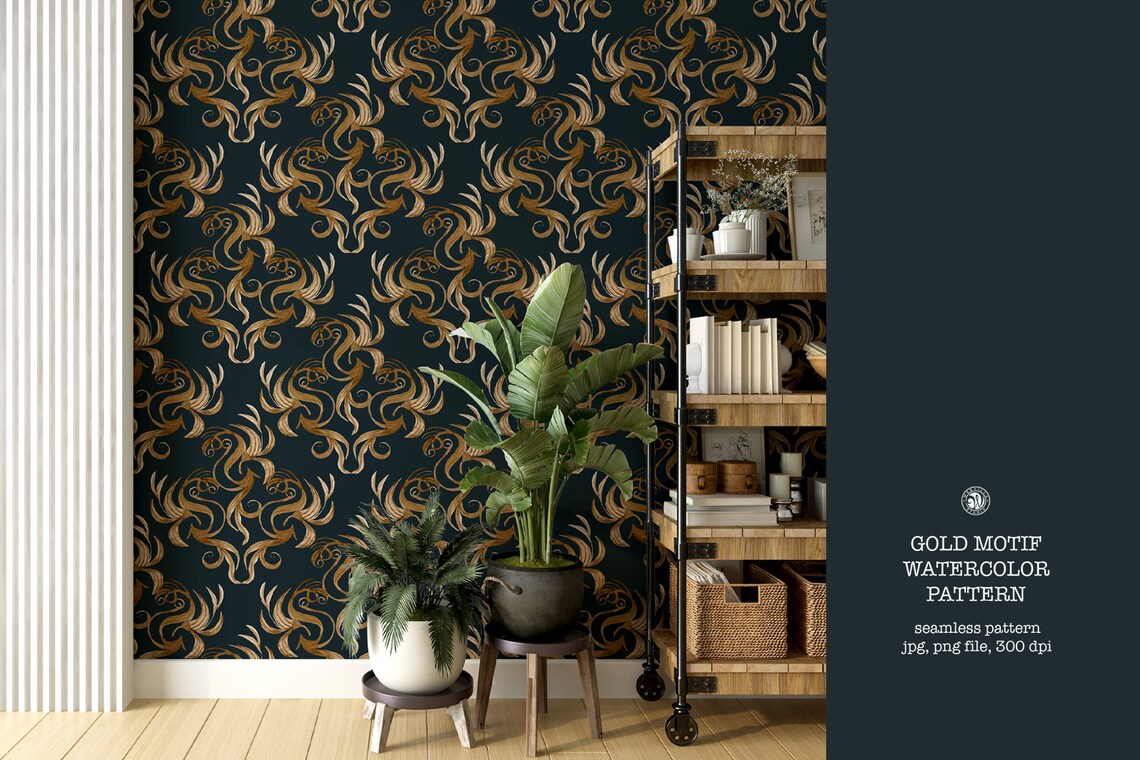 Watercolor Gold Motif Seamless Pattern, Gold Wallpaper, Flowers Fabric ...