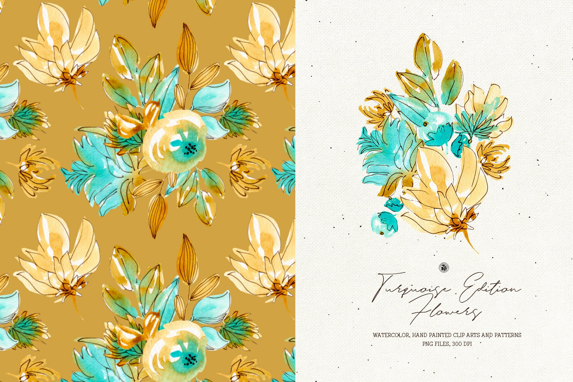 Turquoise Watercolor Flowers Clipart: Hand-painted Floral PNG (digital ...