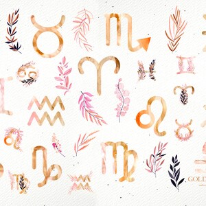 38 Golden Zodiac Clipart, Watercolor Zodiac Illustrations, Zodiac Set ...