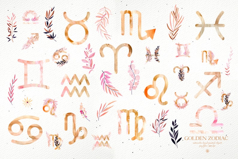 38 Golden Zodiac Clipart, Watercolor Zodiac Illustrations, Zodiac Set ...