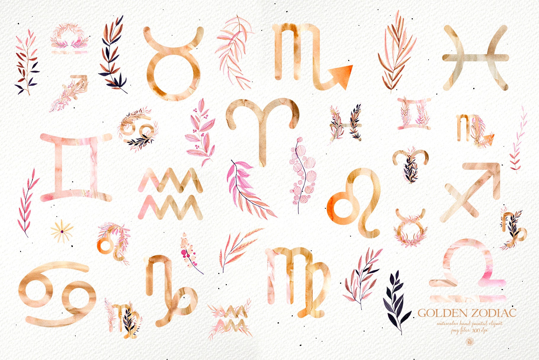 38 Golden Zodiac Clipart, Watercolor Zodiac Illustrations, Zodiac Set ...