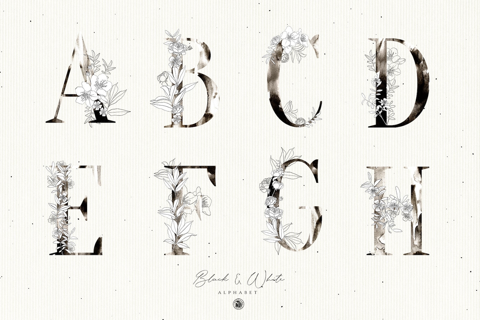 Floral Alphabet Clipart: Black and White Watercolor Letters (digital ...
