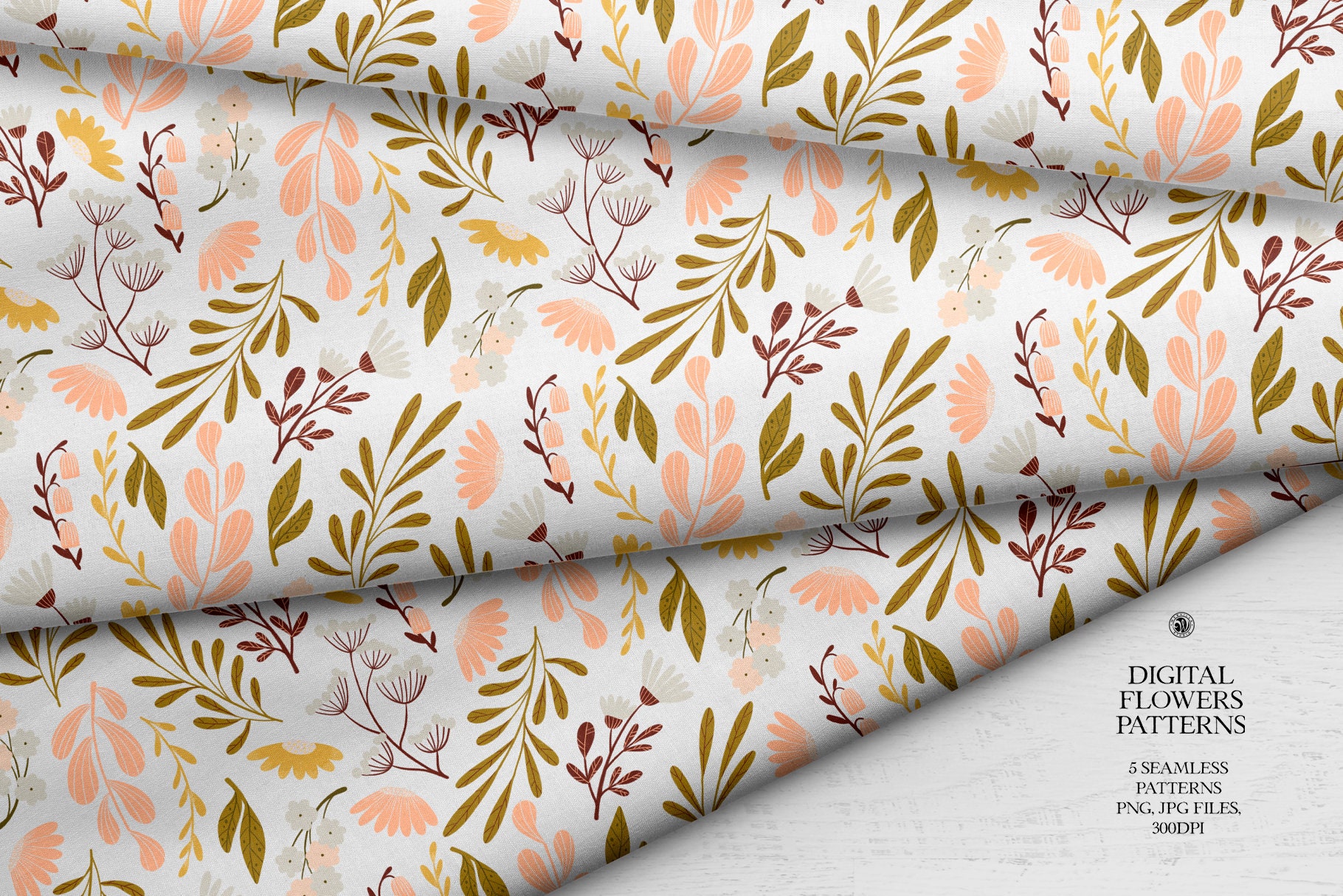 5 Hand Drawn Digital Patterns, Flowers, Floral Background, Wallpaper ...