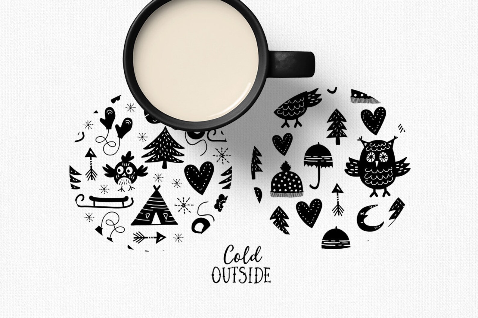 Big Set 50 Vector Winter Elements and 8 Digital Patterns, Hand Drawn ...