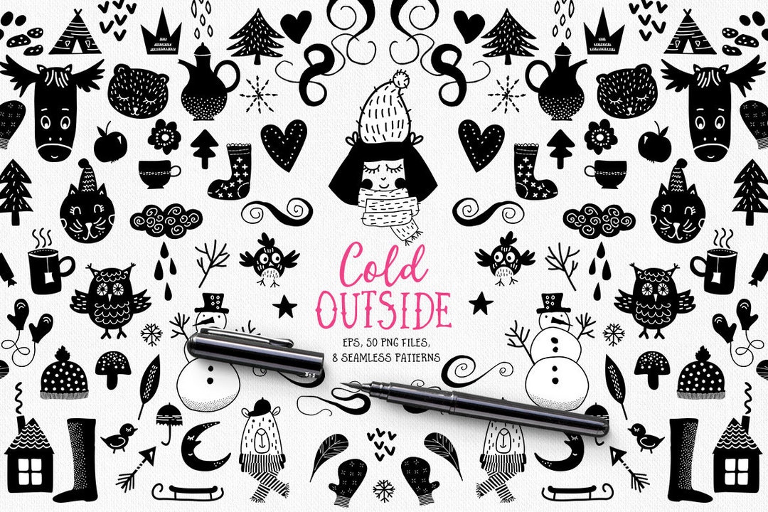 Big Set 50 Vector Winter Elements and 8 Digital Patterns, Hand Drawn ...