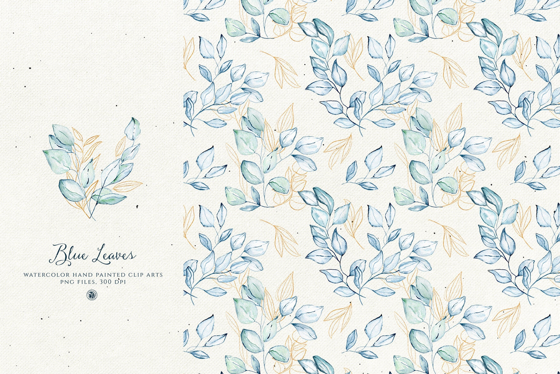 30 Blue Leaves Clipart Set, Digital Patterns, Watercolor Hand Painted ...