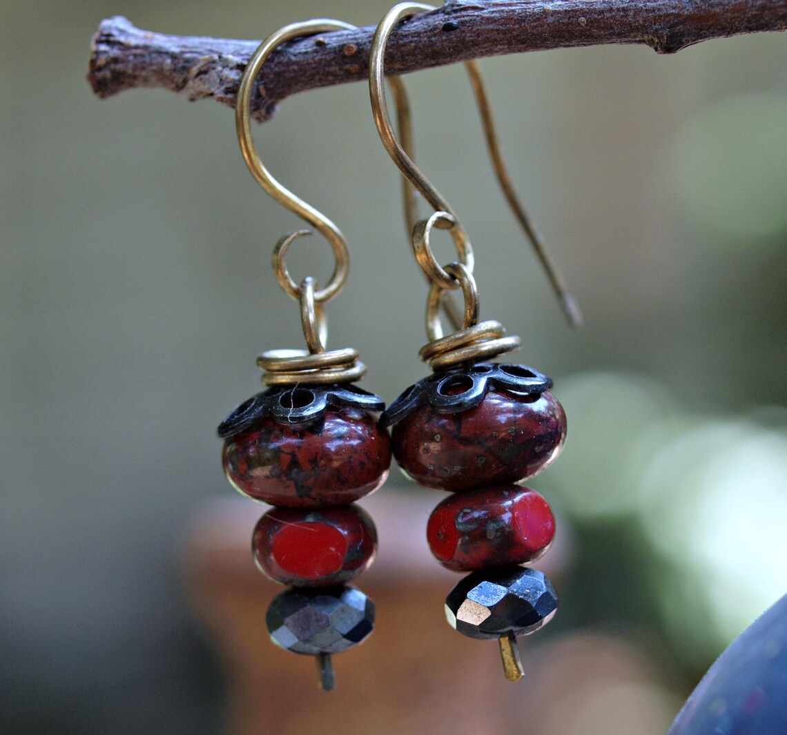 Handmade Dangle Earrings, Bracciated Jasper, Czech Glass, Brass Wire - Etsy