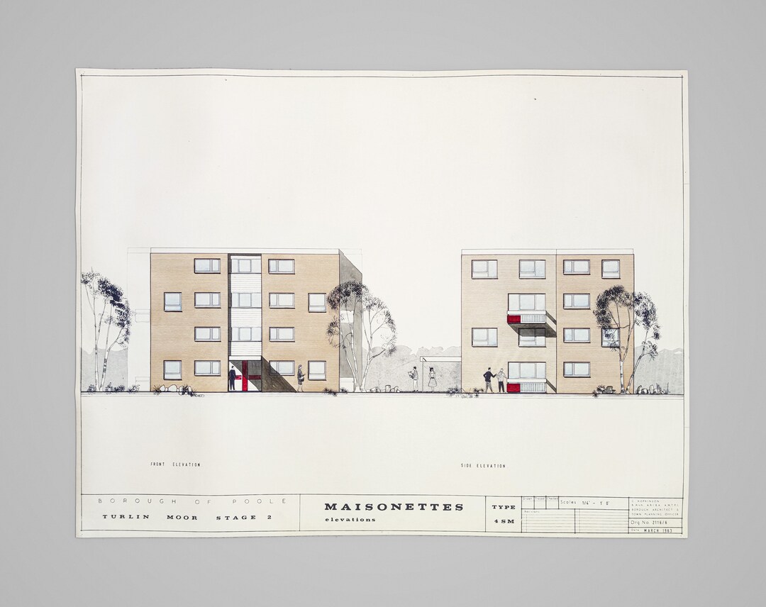 XL 1960s British Maisonettes Hand-coloured Elevation Architectural ...